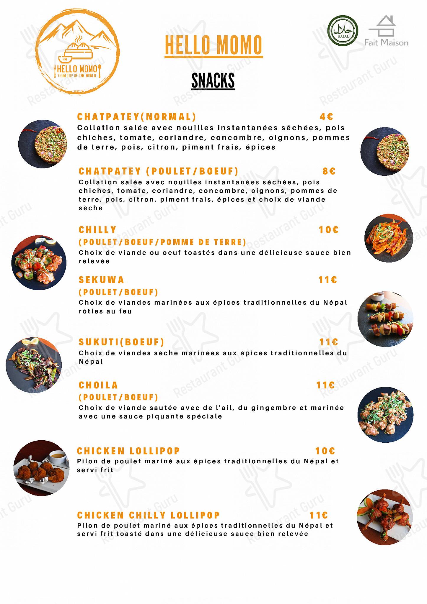 Carta de Restaurant Hello Momo, Paris