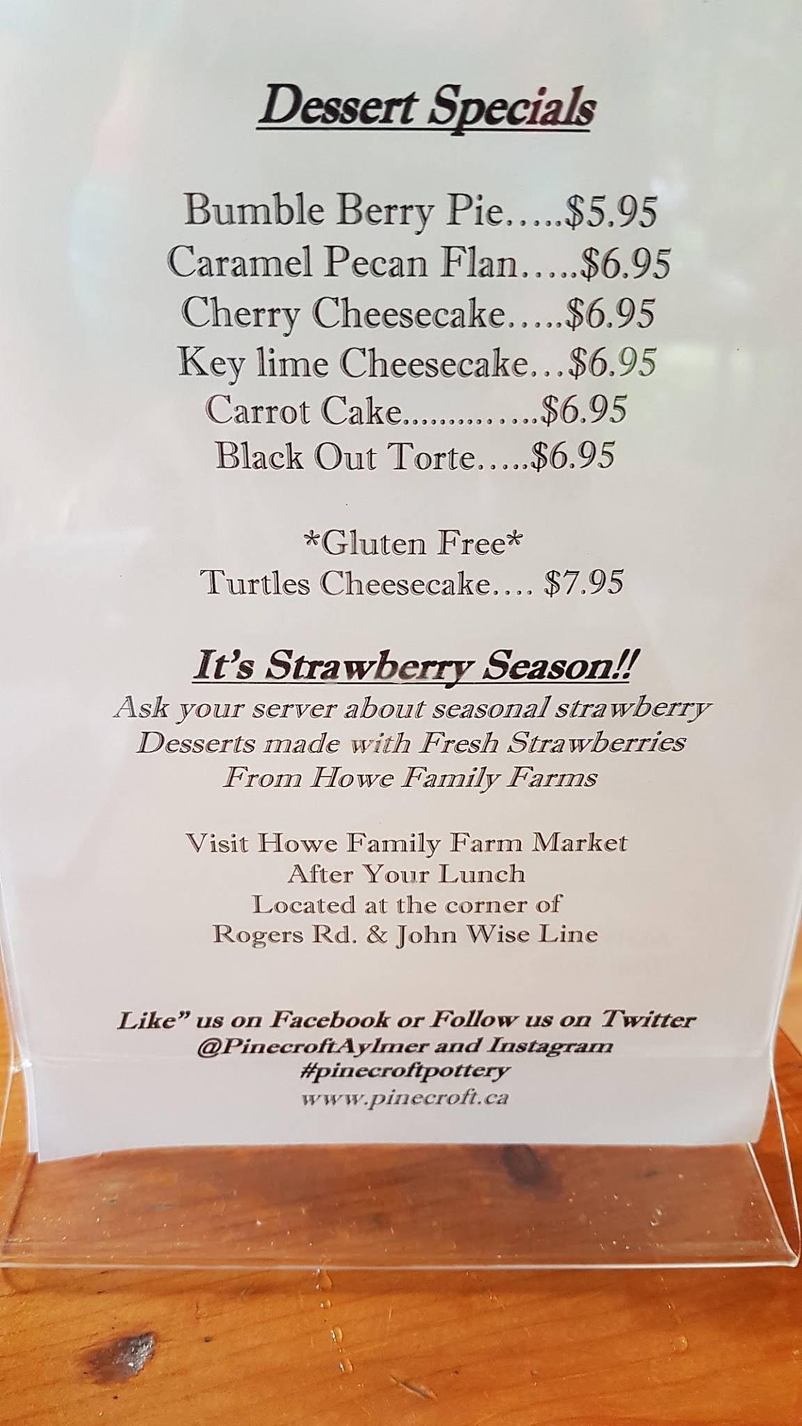 Menu at Pinecroft restaurant, Aylmer, Rogers Rd