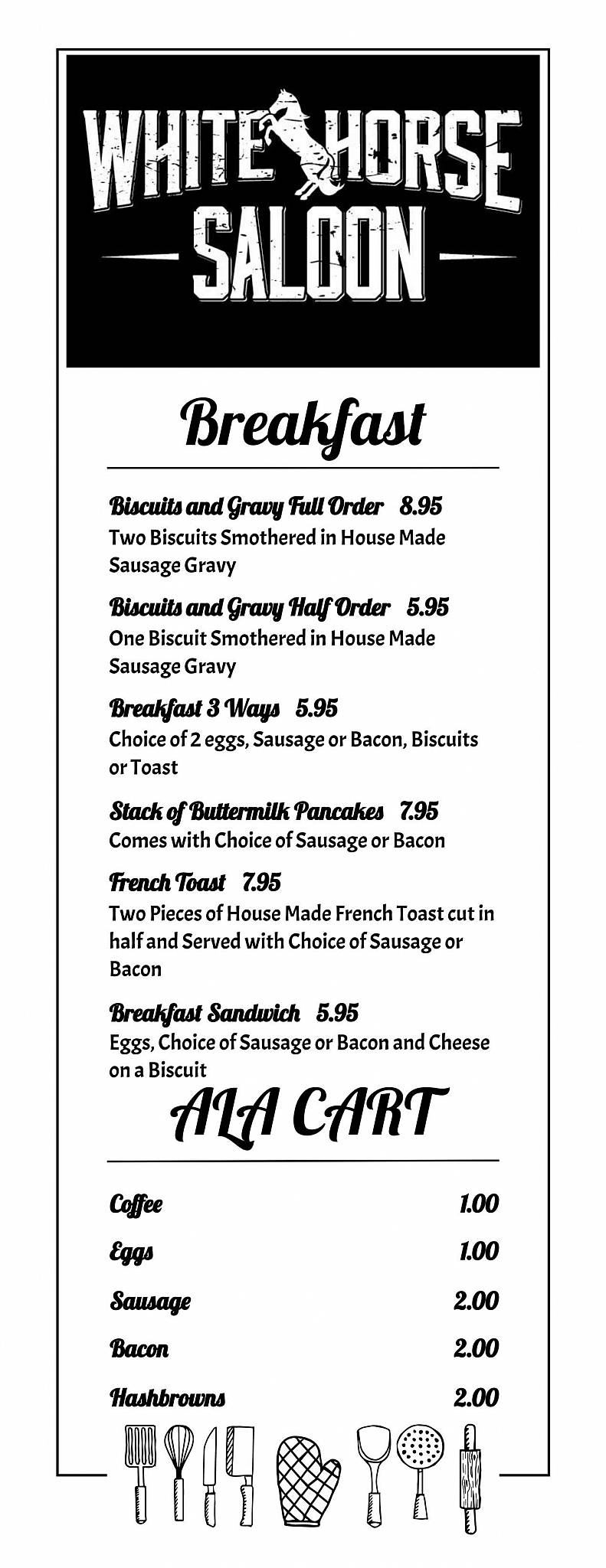Menu at White Horse Saloon pub & bar, Union Mills
