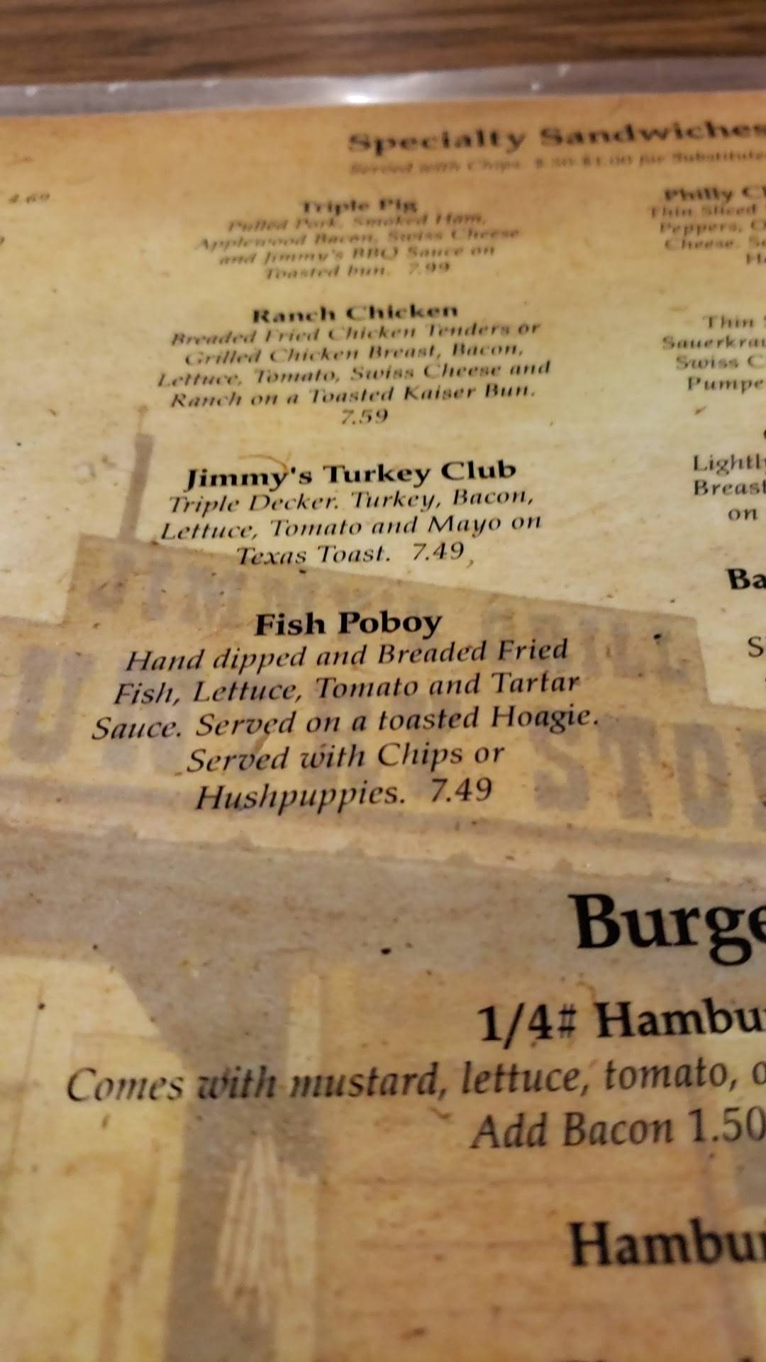 Menu at Jimmy's Grill restaurant, Molino, US-29