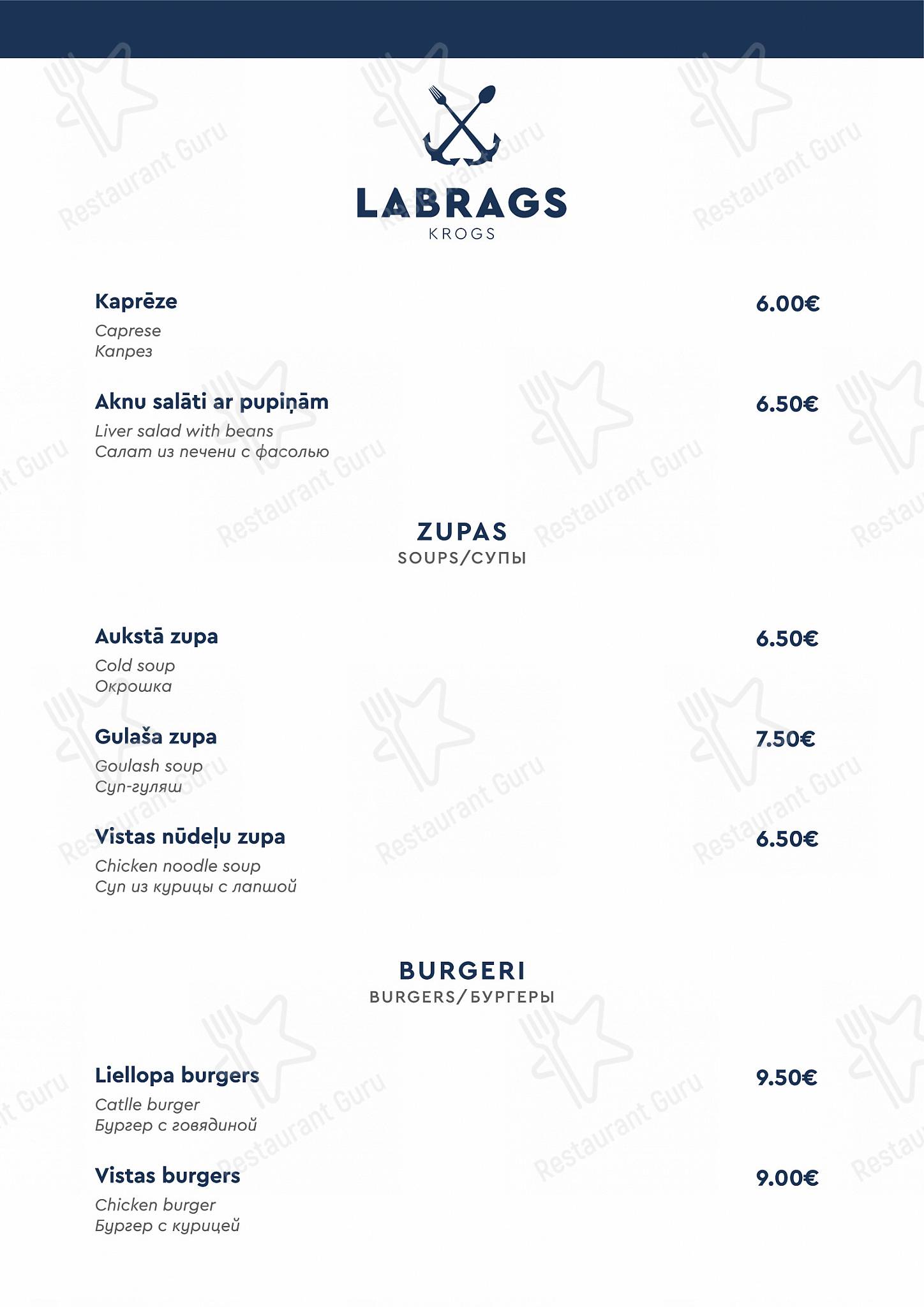 Speisekarte von Krogs LABRAGS restaurant, Jūrkalne