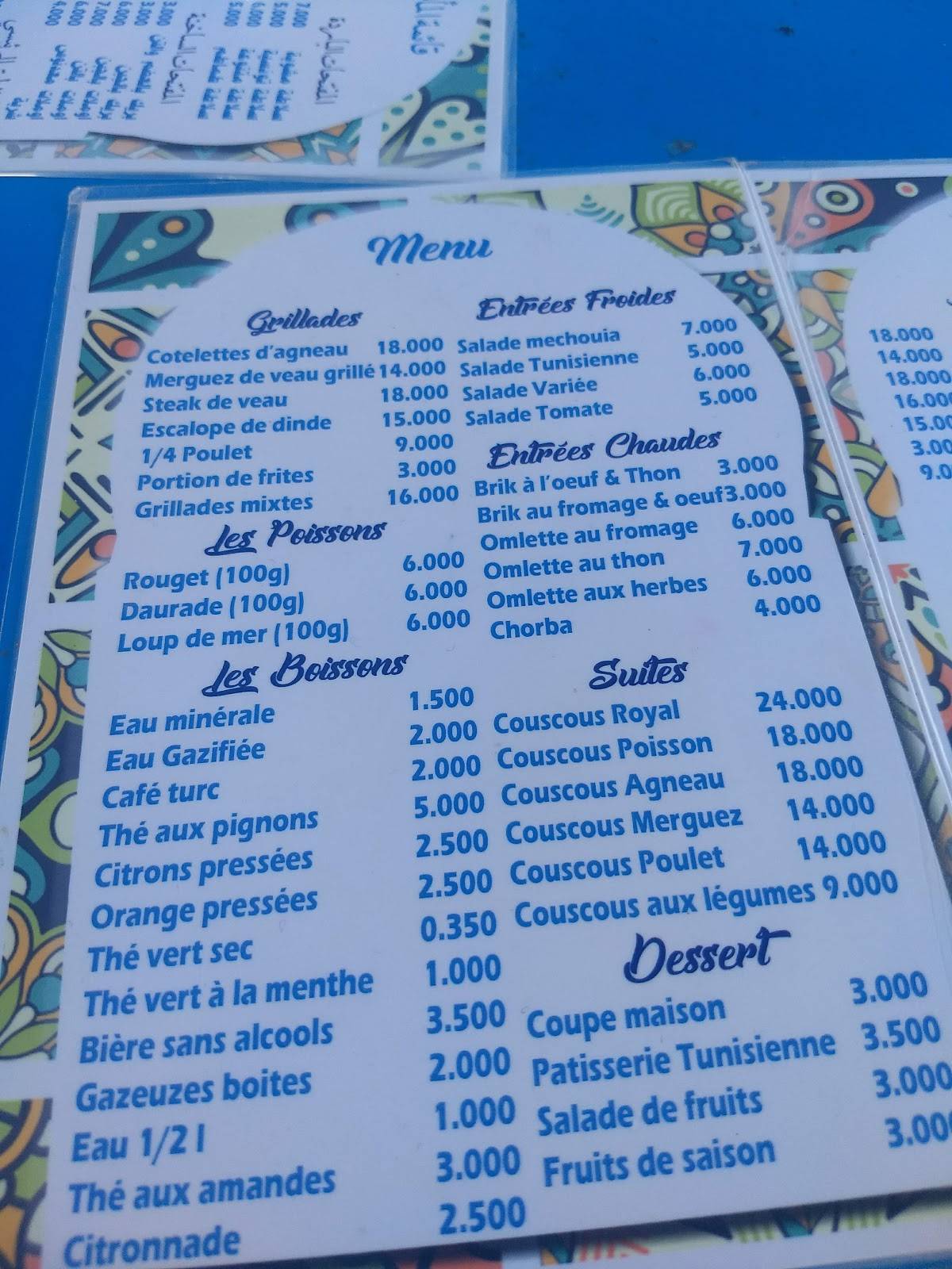 Menu au Chargui restaurant, Site archéologique de Carthage, Rue Hedi ...