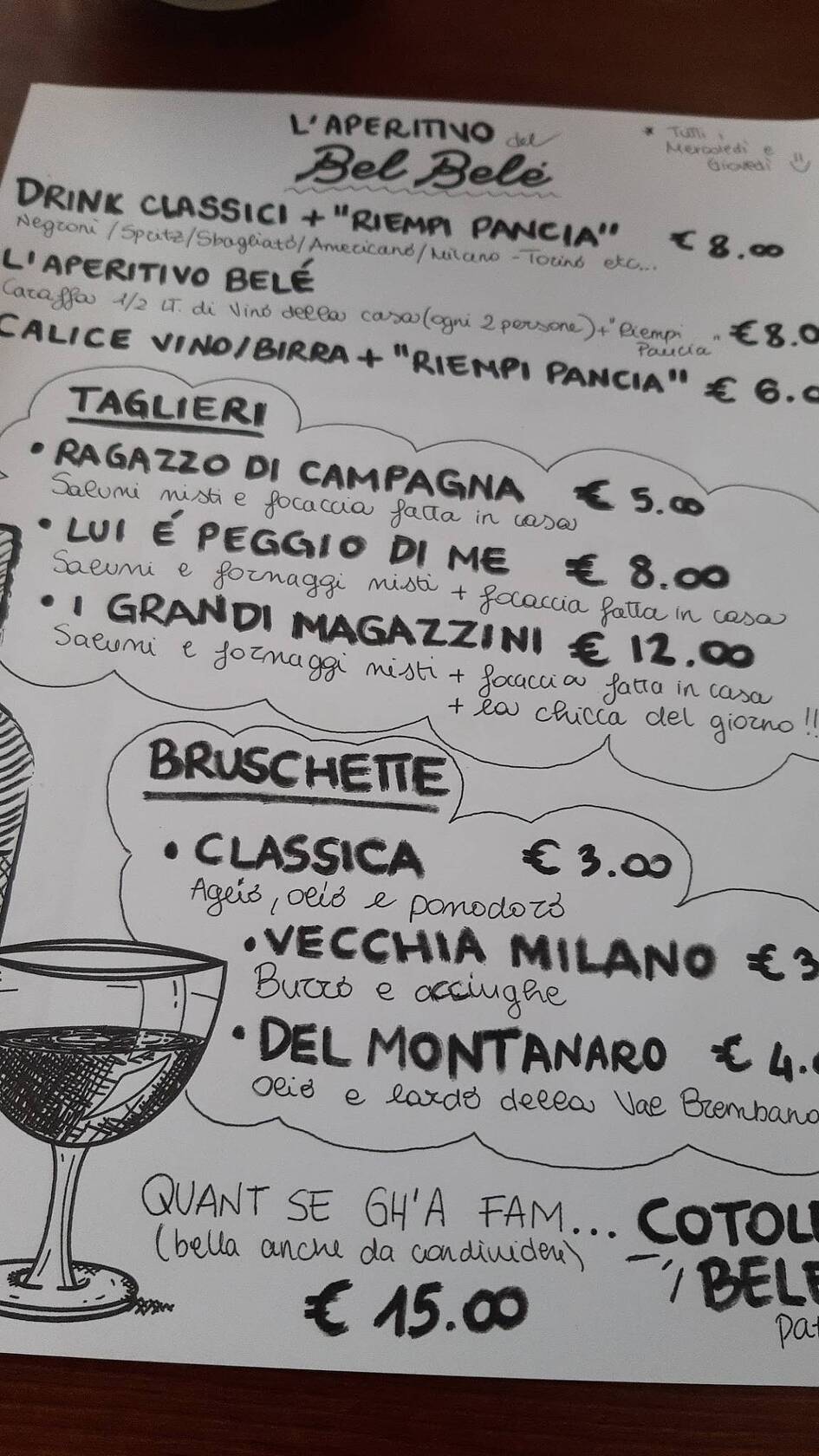 Menu at Trattoria Bel Belé restaurant, Milan