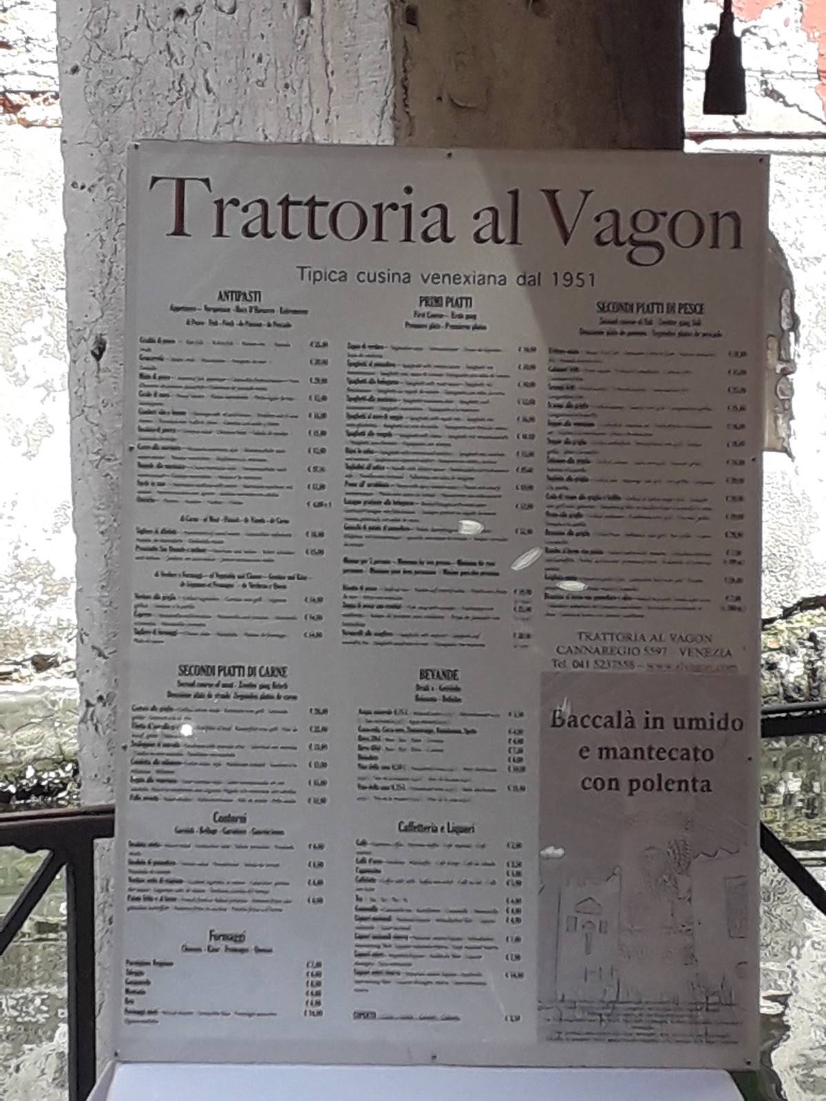 Menu at Ristorante Al Vagon, Venice