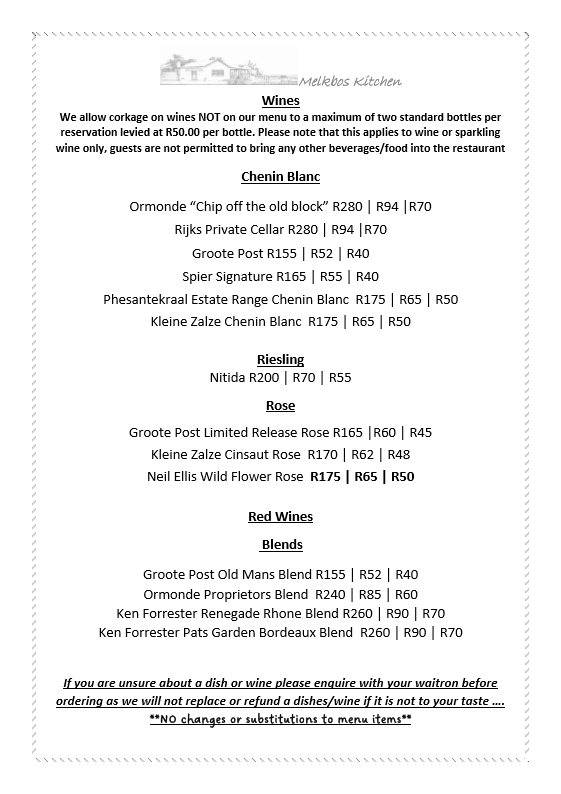 Menu at The Melkbos Kitchen restaurant, Cape Town