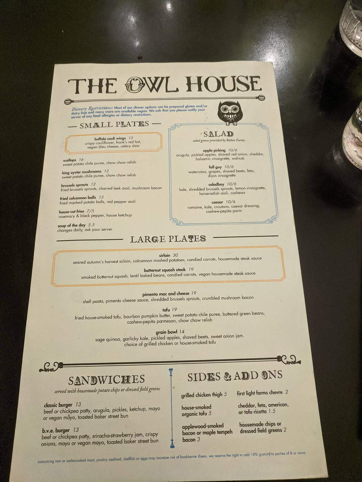 Menu at The Owl House restaurant, Rochester, 75 Marshall St