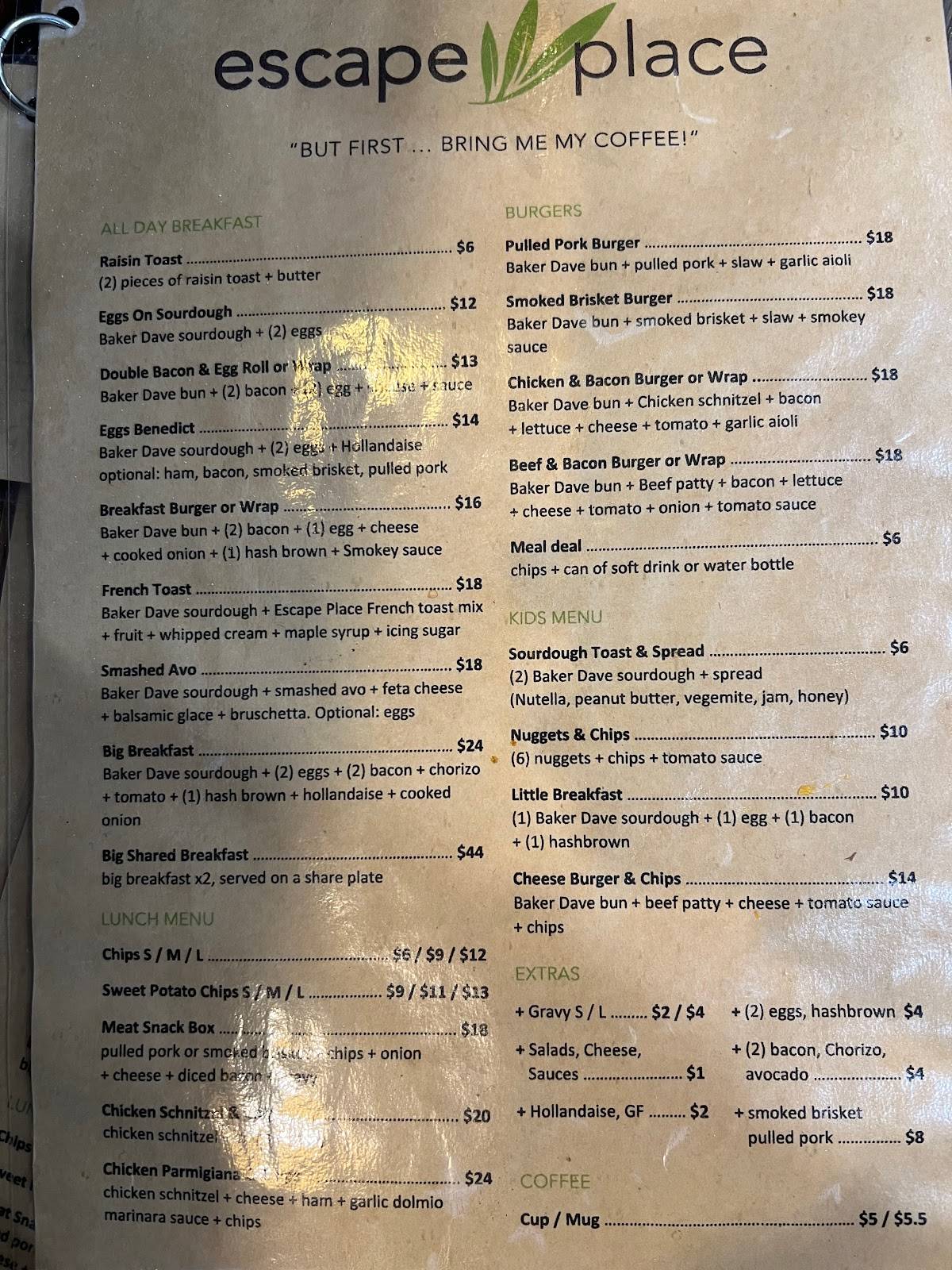 Menu at Escape place cafe, Batemans Bay