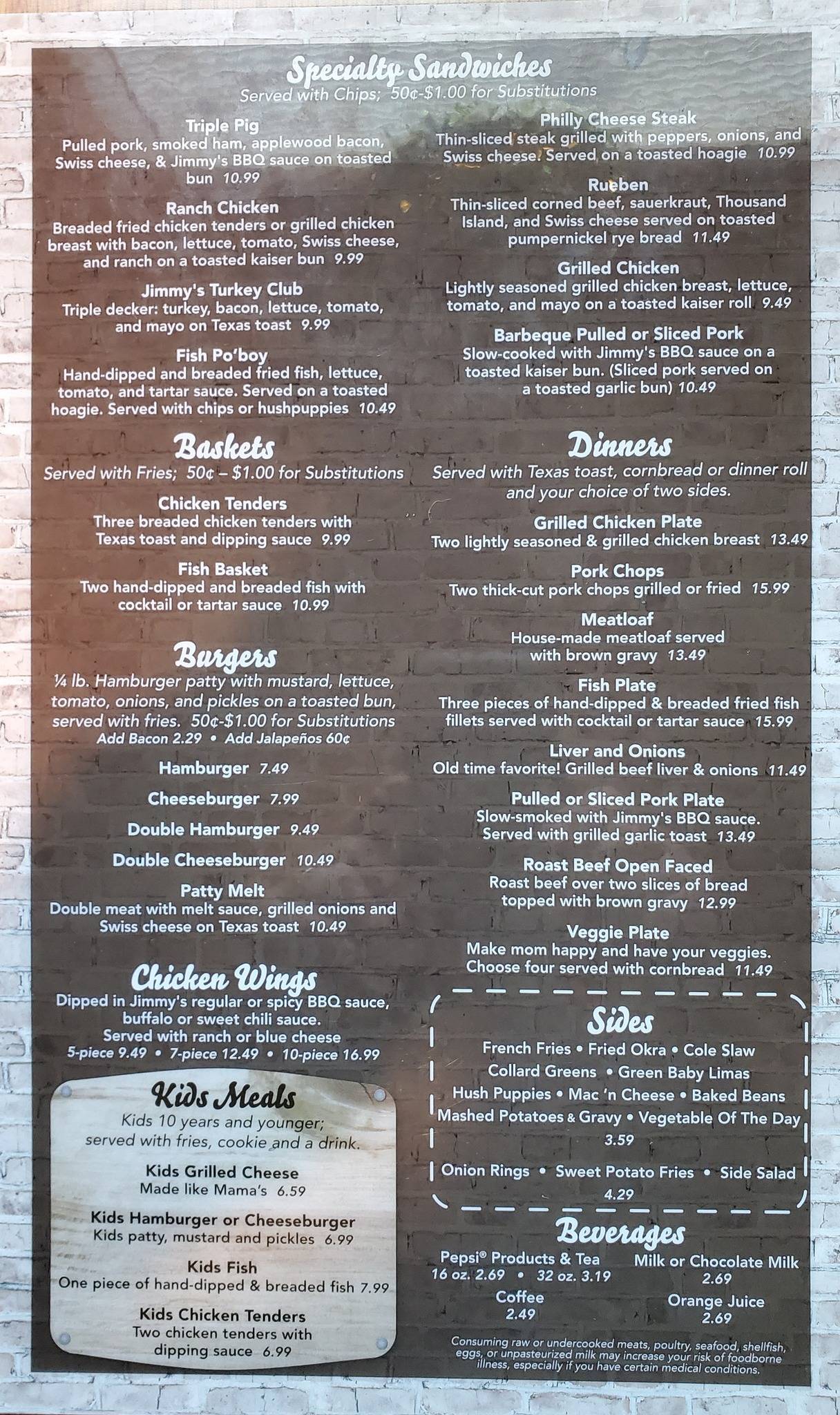 Menu at Jimmy's Grill restaurant, Molino, US-29