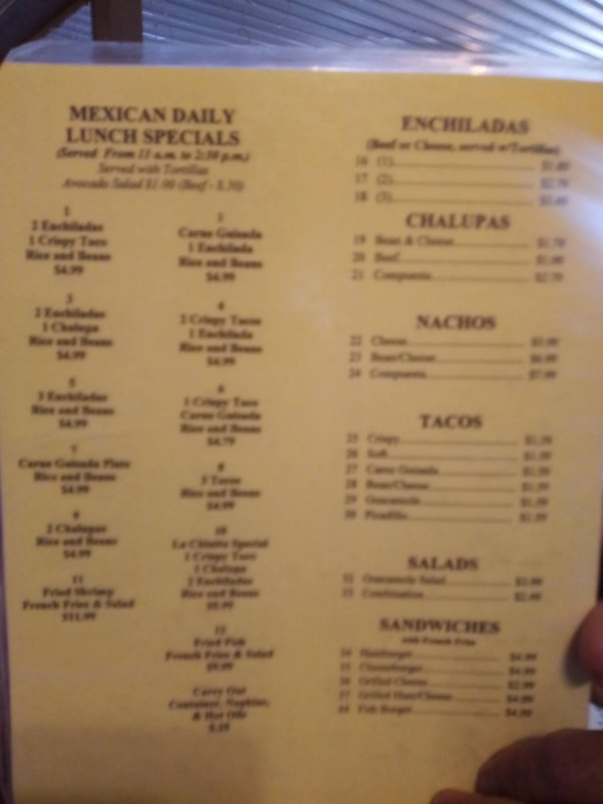 Menu at La Chinita's Restaurant, San Antonio