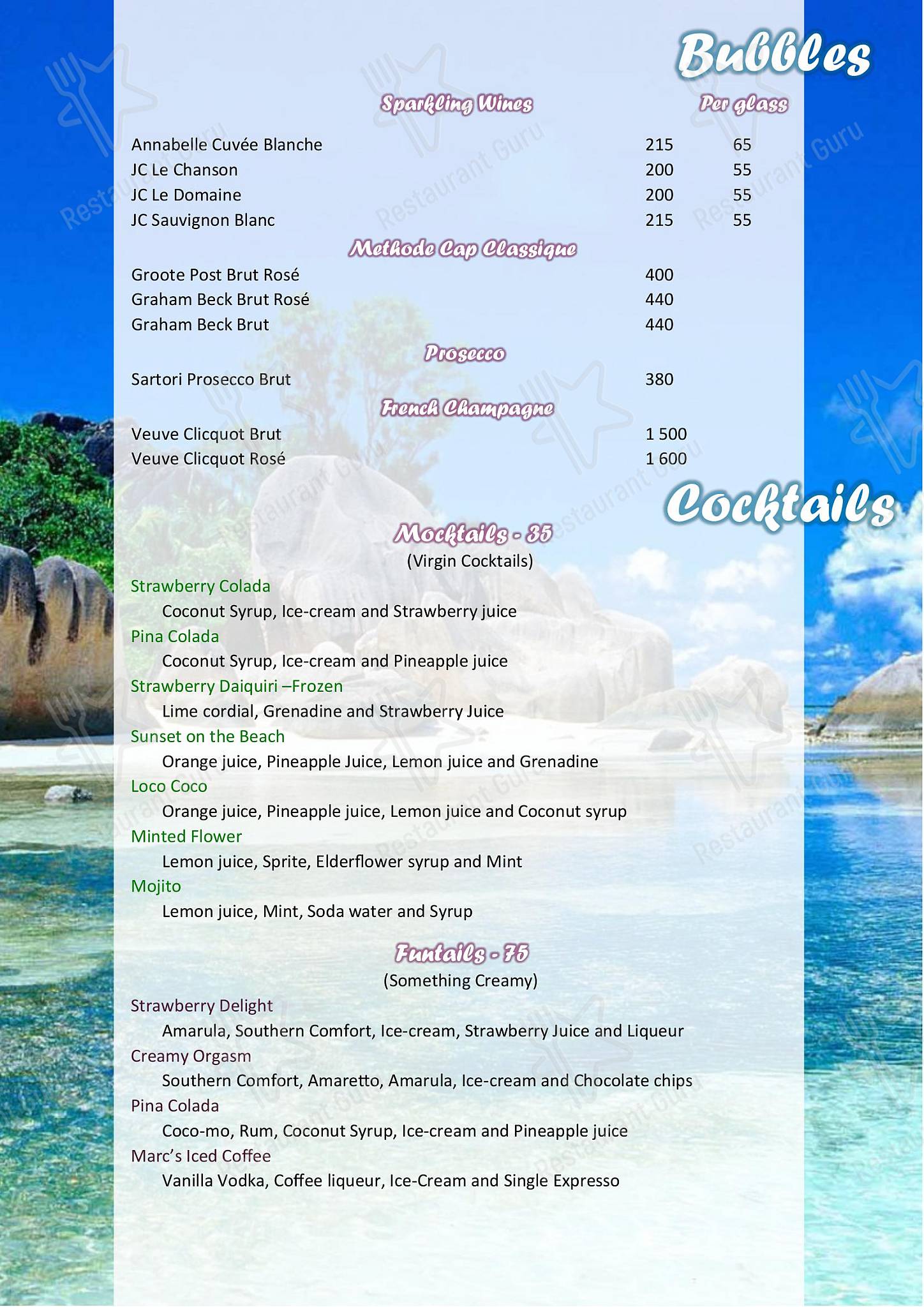 Menu at Marc's Beach Bar, Langebaan, Club Mykonos Resort