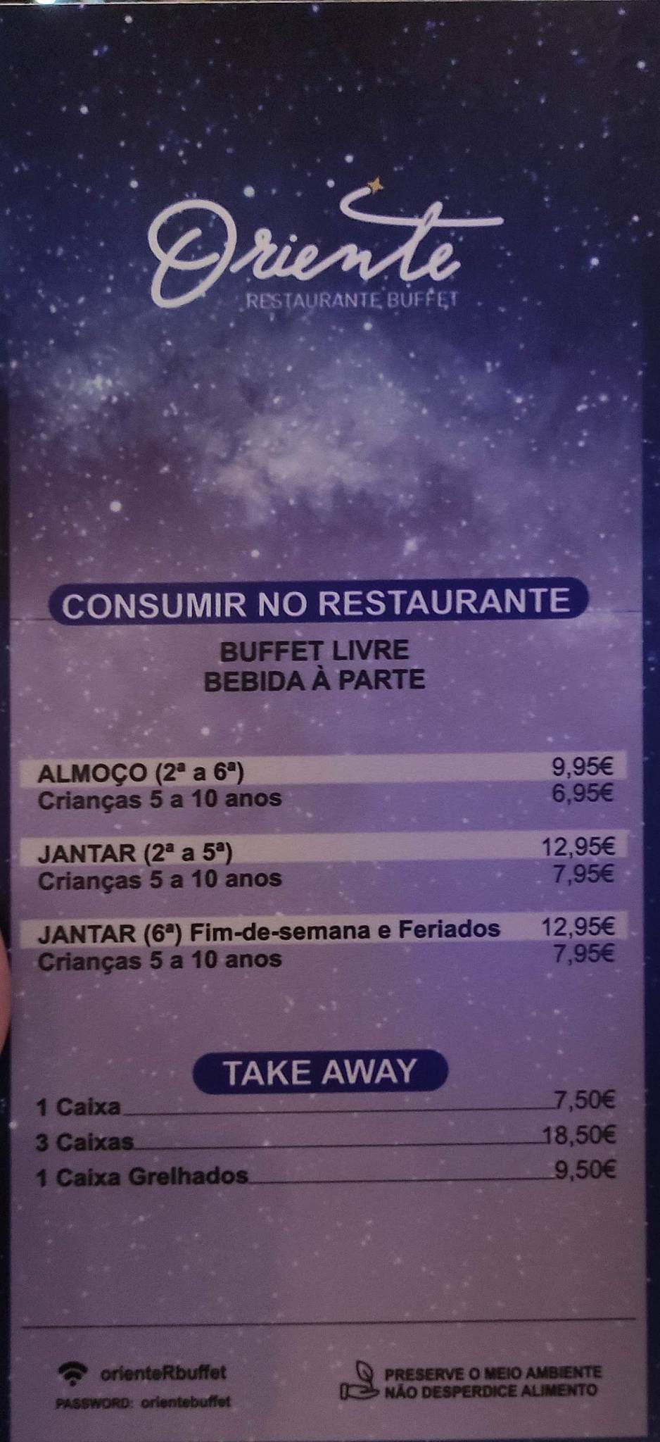 Menu em Oriente Restaurante Buffet, Odivelas