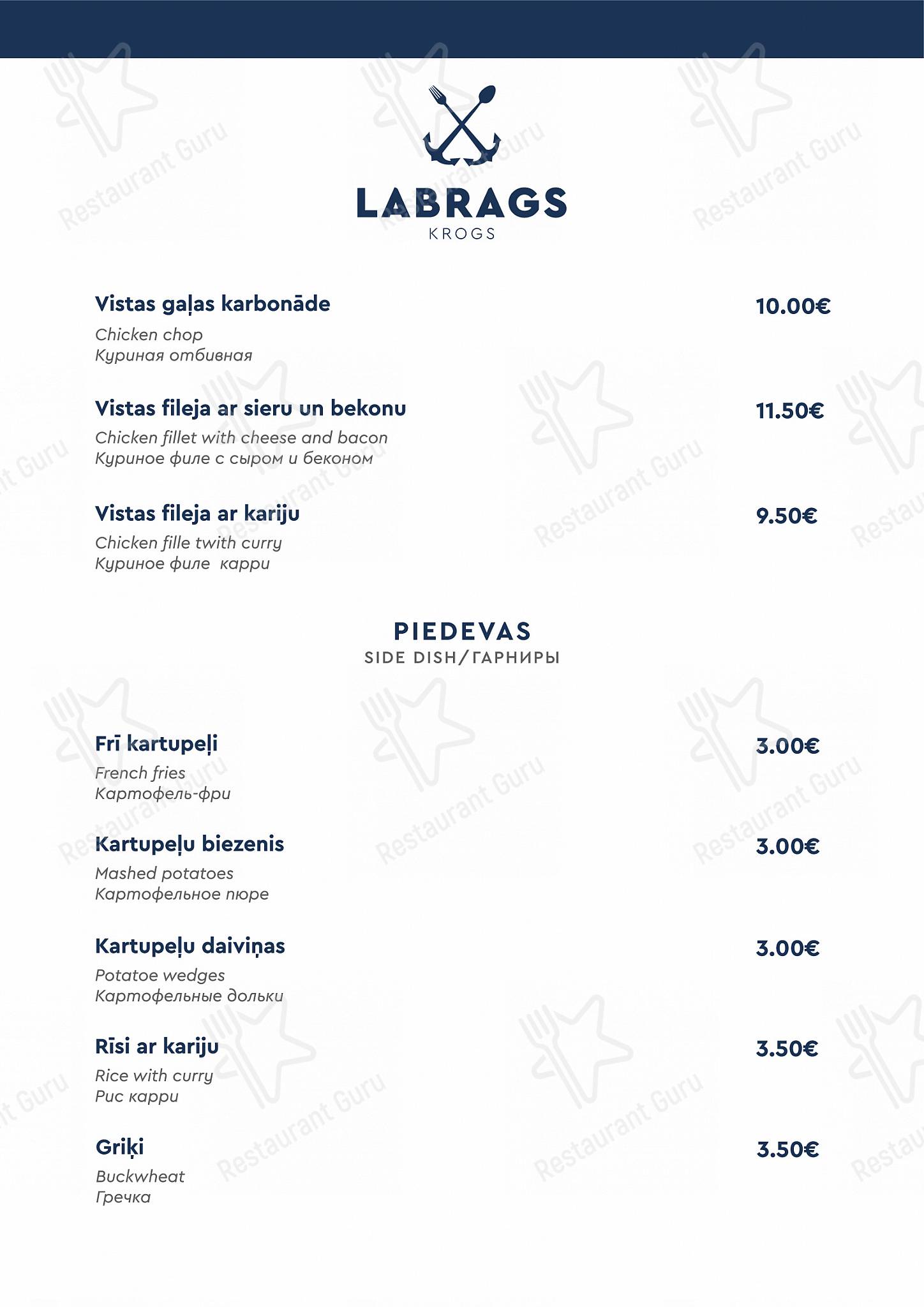Speisekarte von Krogs LABRAGS restaurant, Jūrkalne