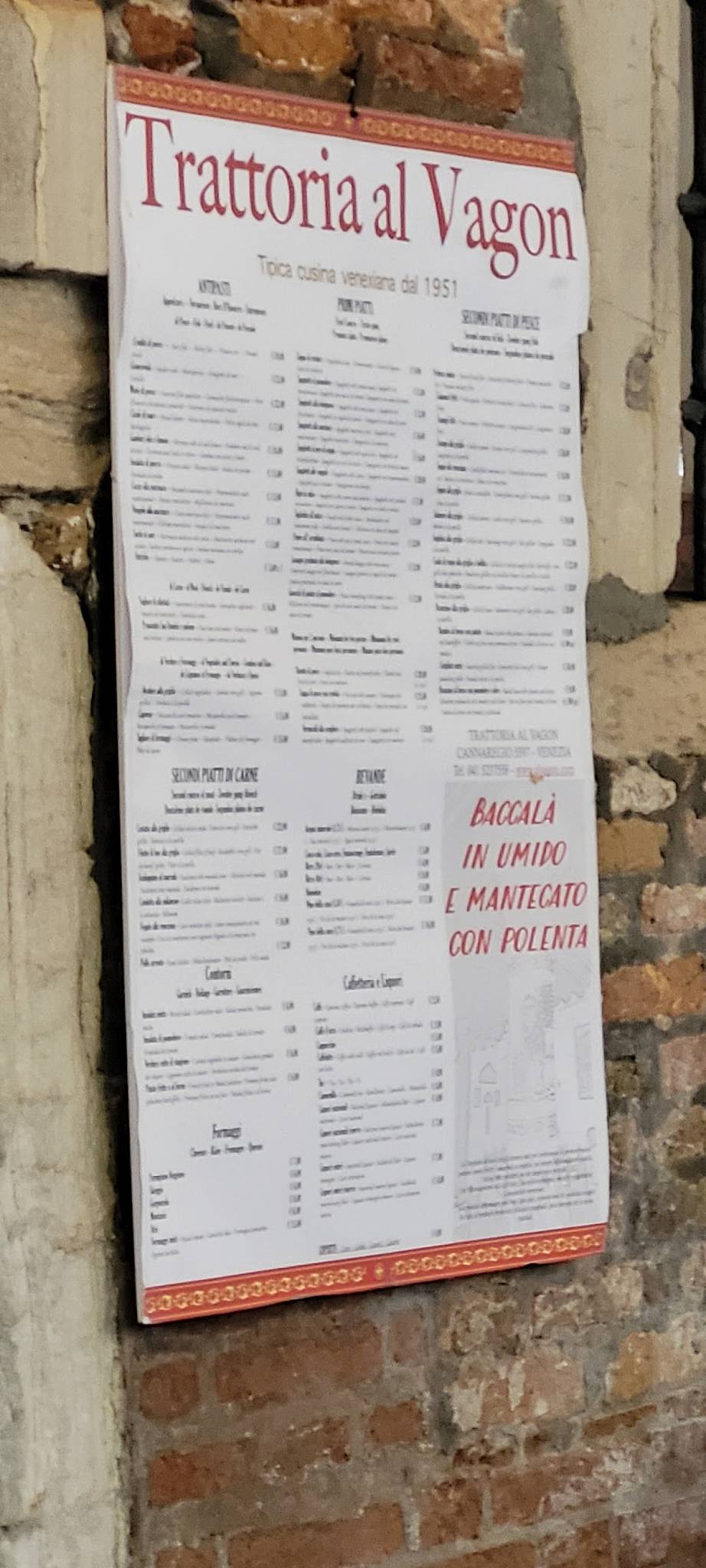 Menu at Ristorante Al Vagon, Venice