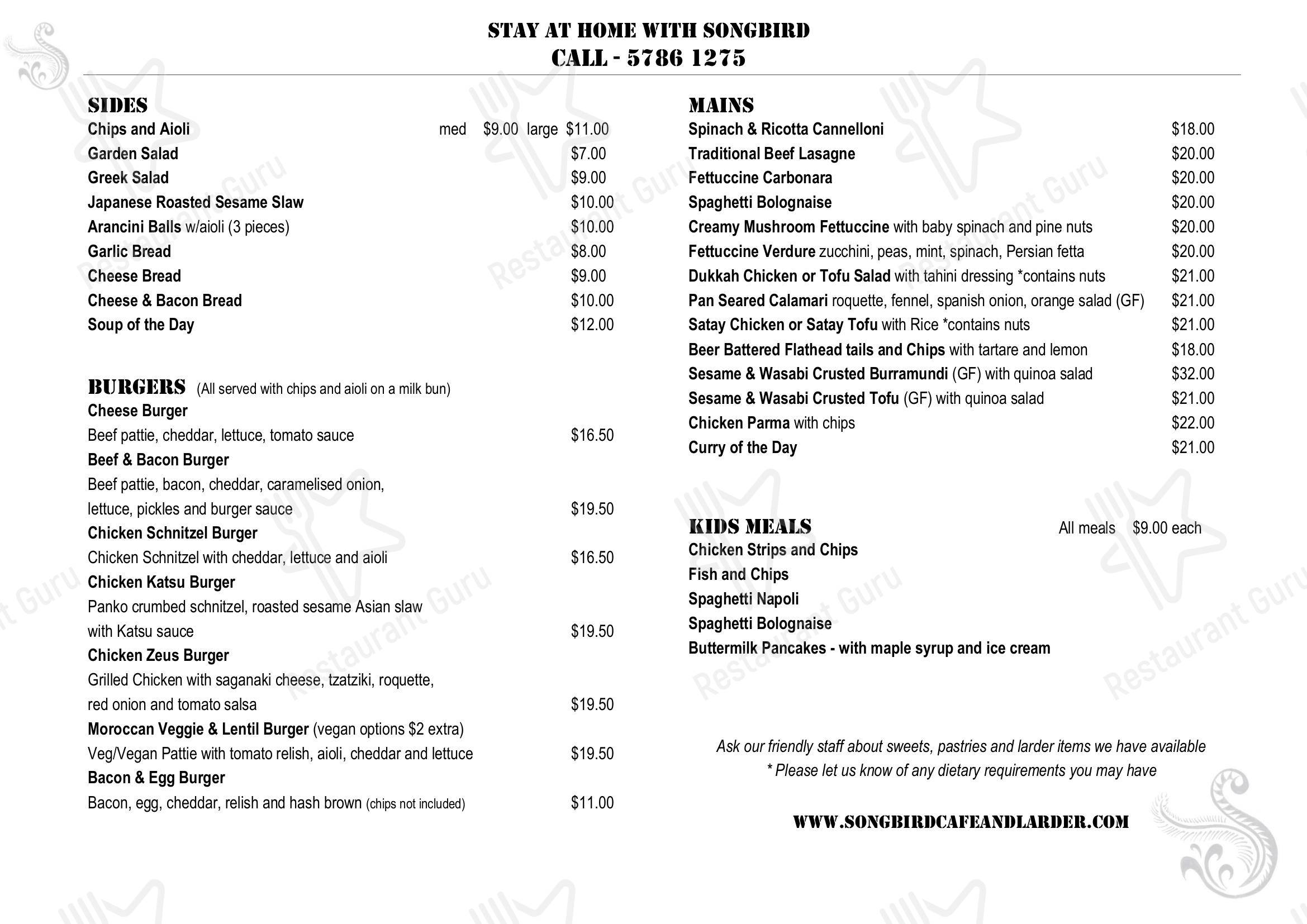 Menu at Songbird Cafe & Larder, Kinglake