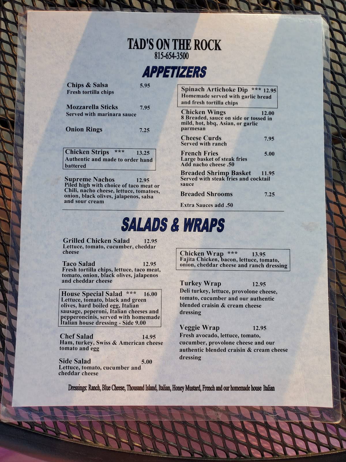 Menu at Tad's on the Rock pub & bar, Loves Park