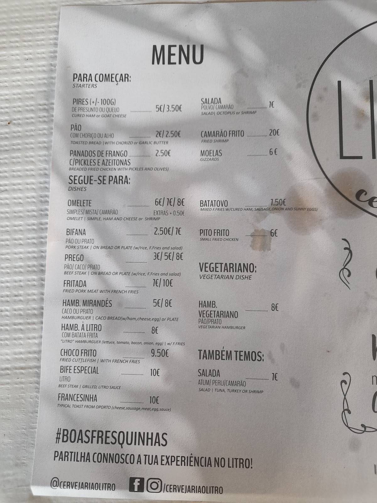 Menu em Cervejaria O Litro, Caldas da Rainha