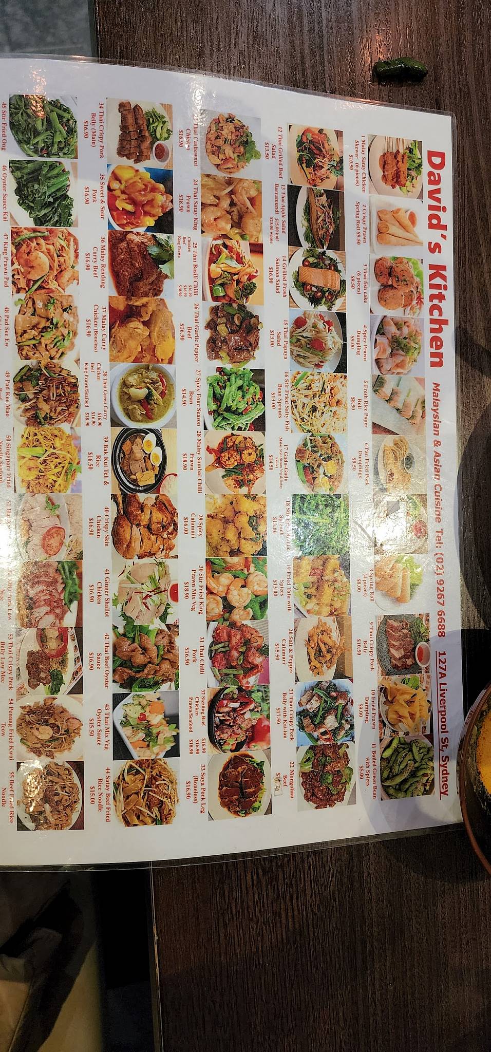 Menu at David's Kitchen restaurant, Sydney, 127 Liverpool St