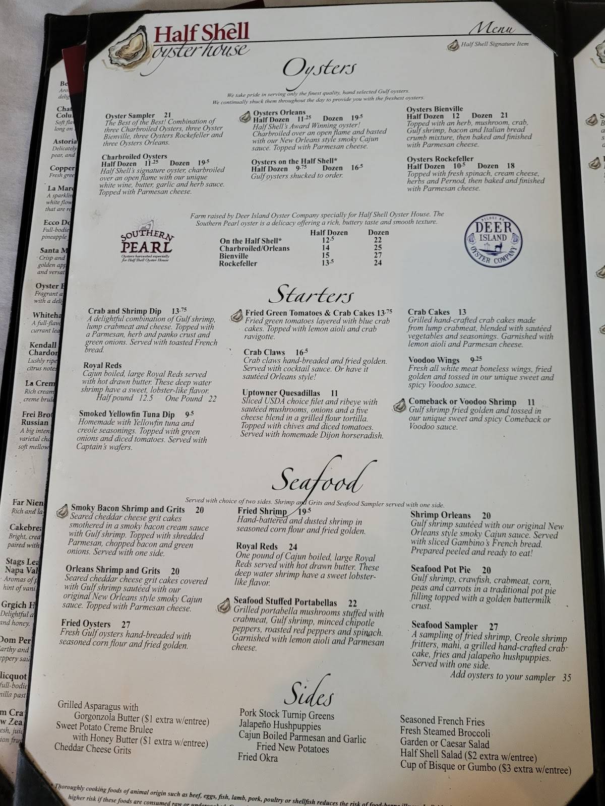 Menu at Half Shell Oyster House restaurant, Biloxi, 125 Lameuse St