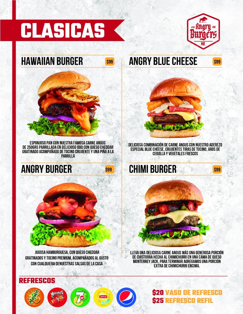 Menu at ANGRY BURGERS PLAZA PATIO restaurant, Merida