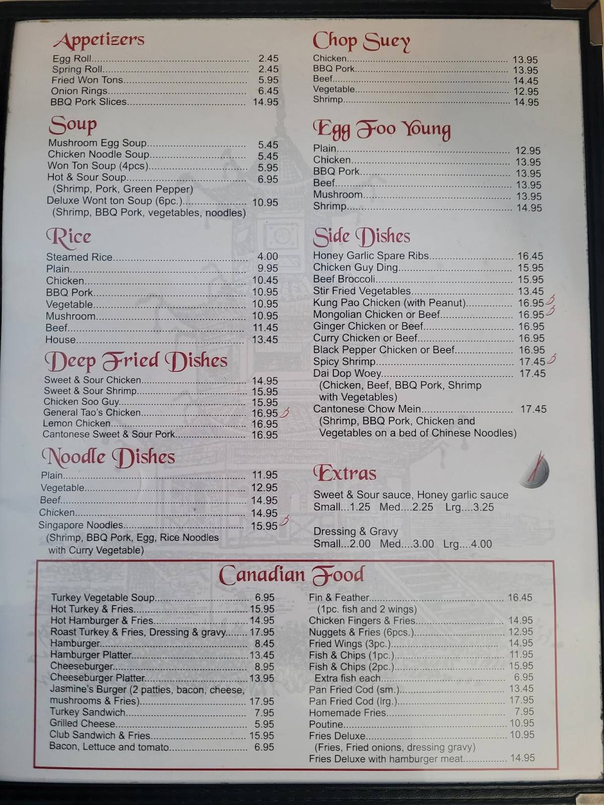 Menu at Jasmine's Restaurant, Mount Pearl