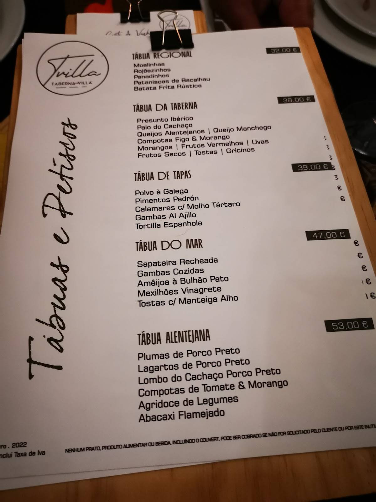 Menu em TABERNA DA VILLA restaurante, Canelas