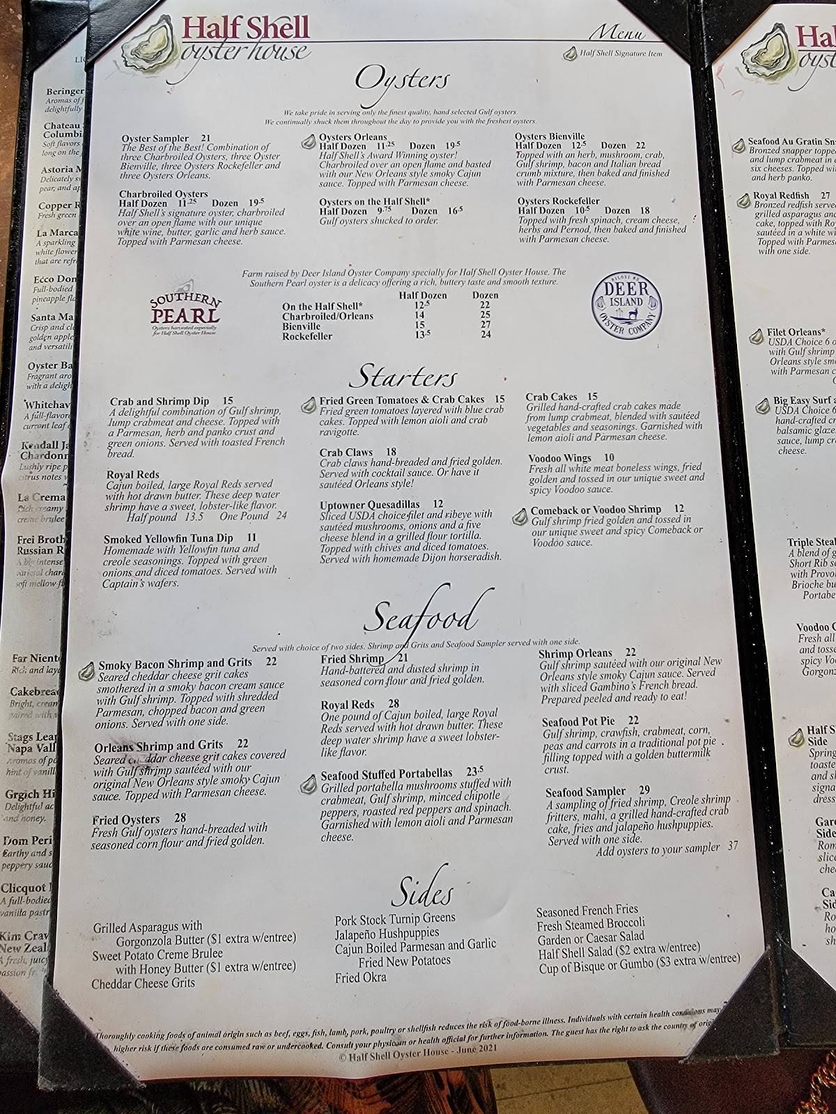 Menu at Half Shell Oyster House restaurant, Biloxi, 125 Lameuse St