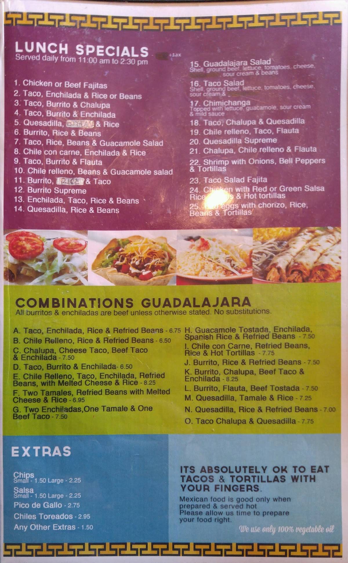 Menu at Guadalajara Jalisco restaurant, Pell City