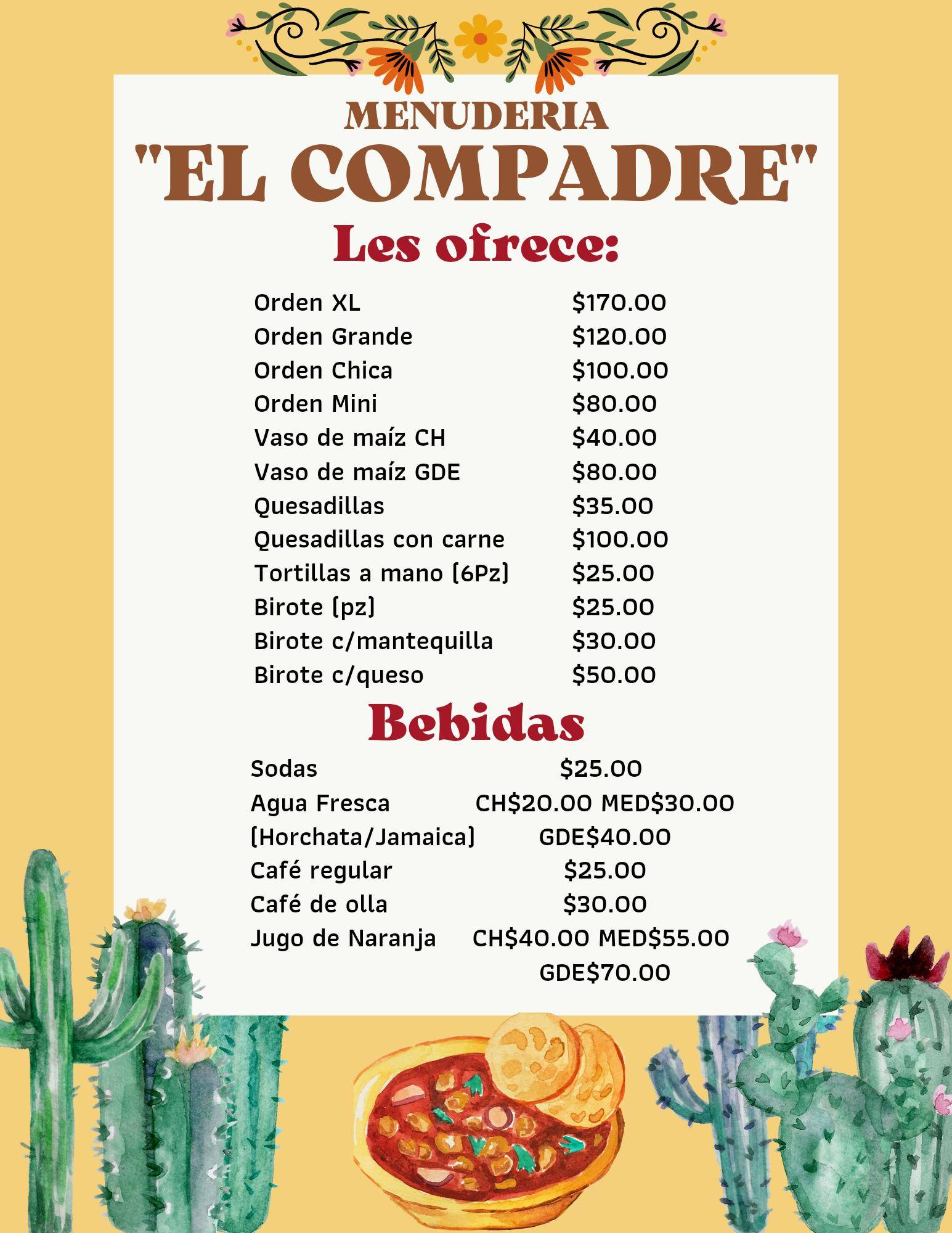 Menu at Menuderia "El Compadre" restaurant, Tijuana