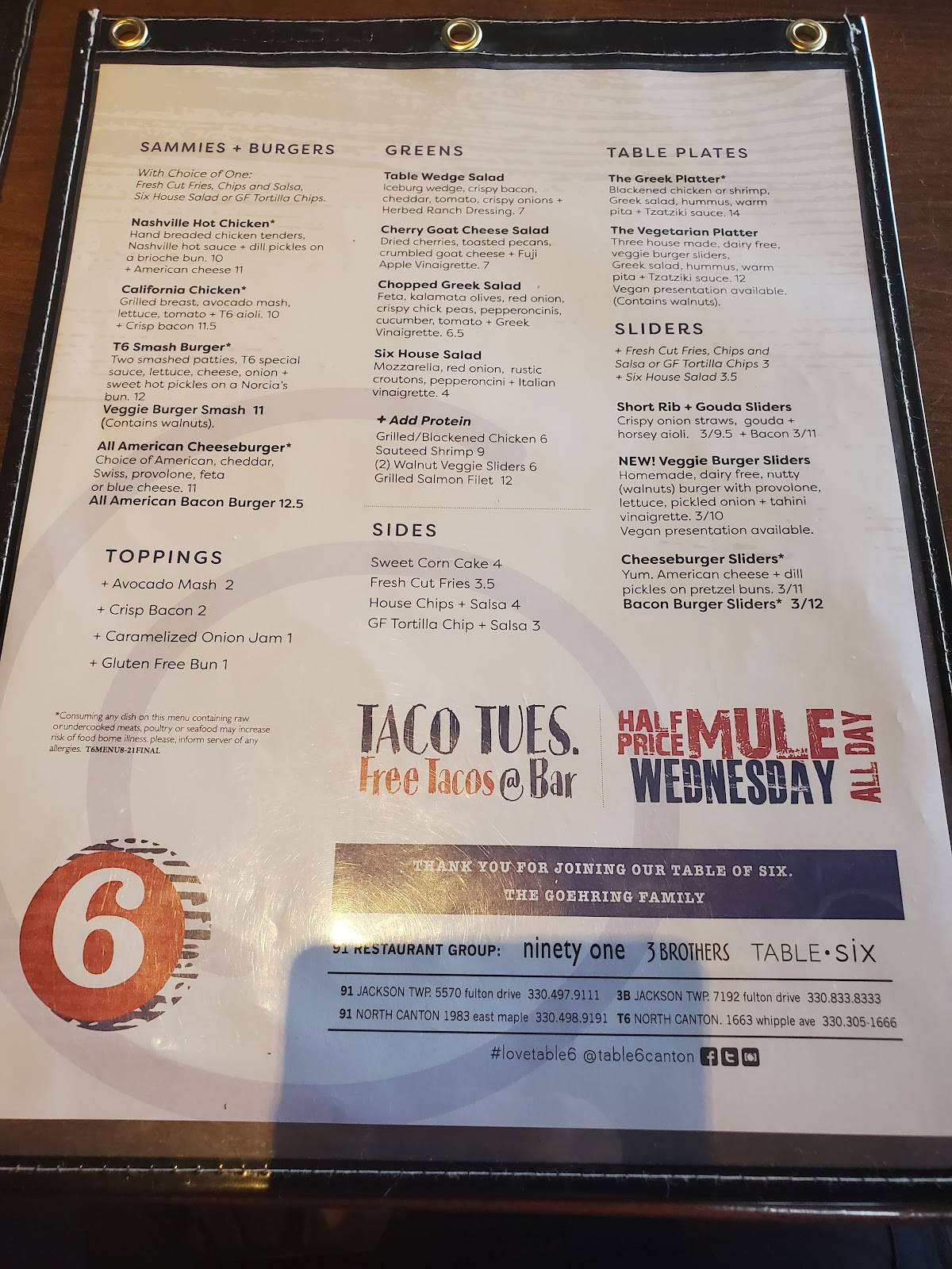 Menu at Table Six Kitchen + Bar, North Canton