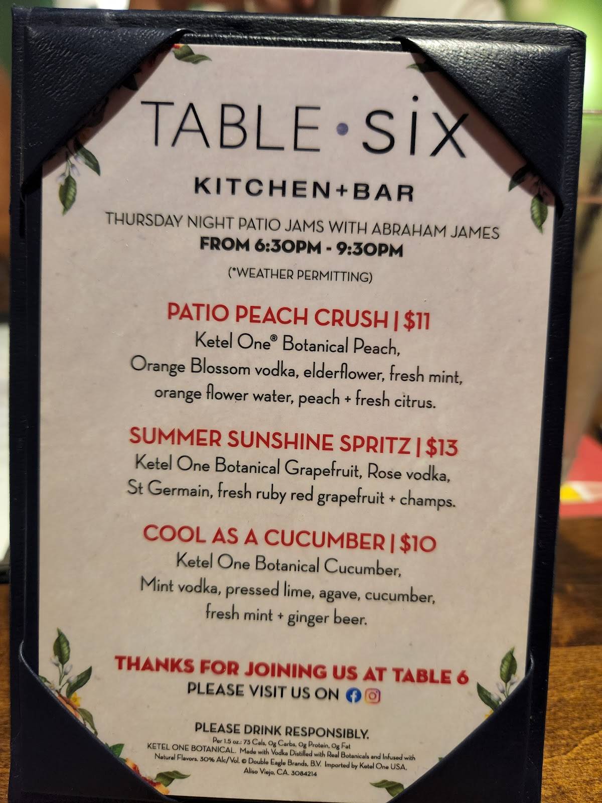 Menu at Table Six Kitchen + Bar, North Canton