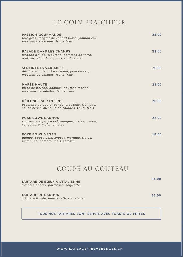 Menu au Hôtel Restaurant La Plage, Préverenges