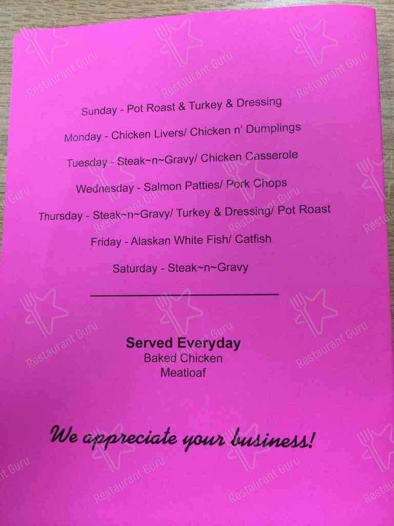 Menu at Aunt Bea's Home Cooking restaurant, Greeneville
