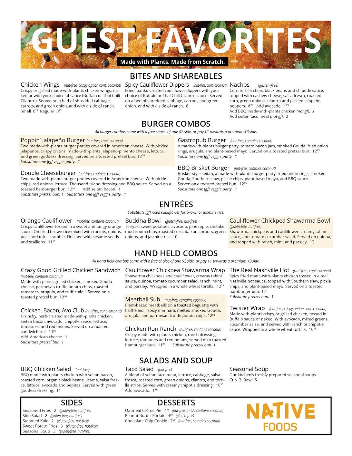 Menu at Native Foods restaurant, Chicago, 218 S Clark St