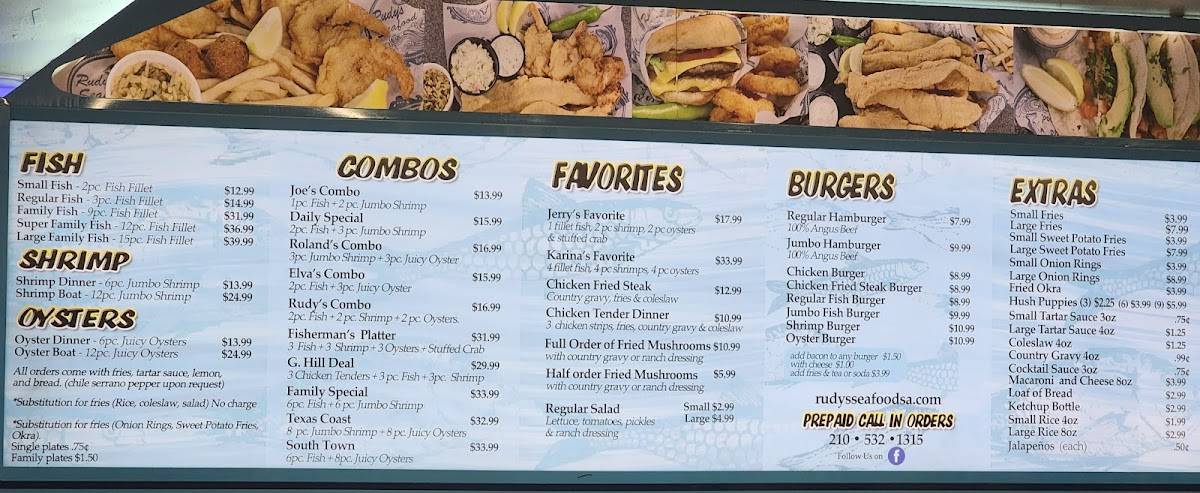 Menu at Rudy's Seafood restaurant, San Antonio