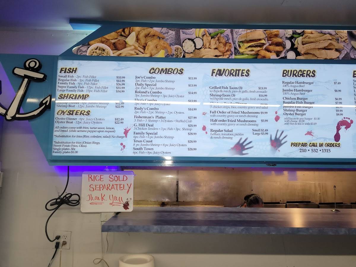Menu at Rudy's Seafood restaurant, San Antonio