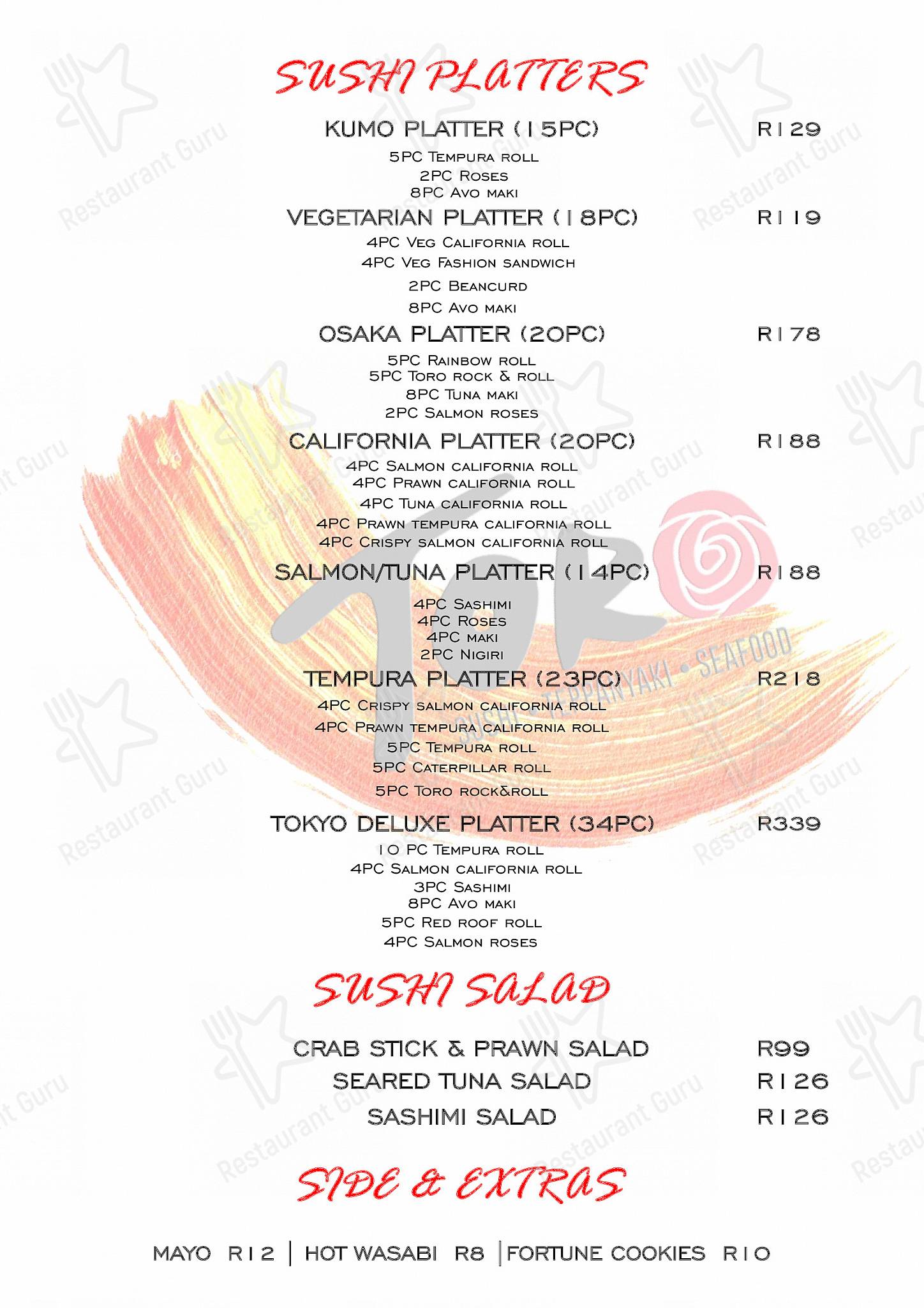 Menu at TORO Sushi, Teppanyaki & Seafood restaurant, Port Elizabeth