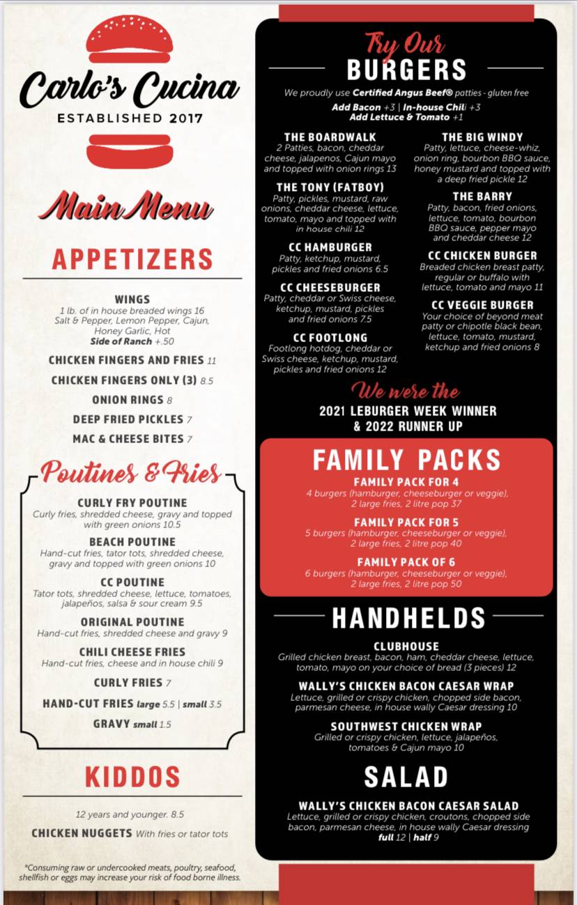 Menu at Carlo’s Cucina restaurant, Winnipeg Beach, Provincial Trunk Hwy 9