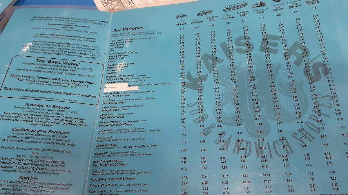 Menu at Kaiser's Sub & Sandwich Shoppe fast food, Lower Sackville