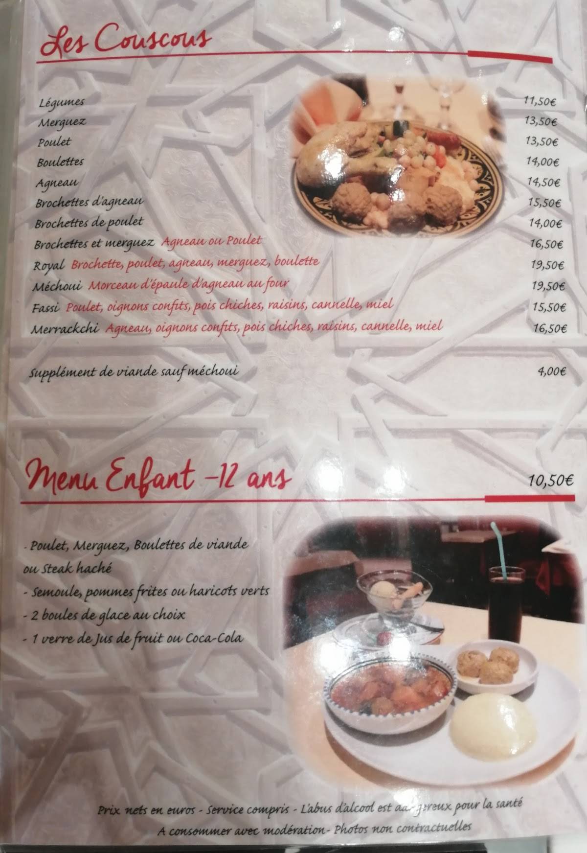 Menu au Les Délices du Maroc restaurant, Jouars-Pontchartrain