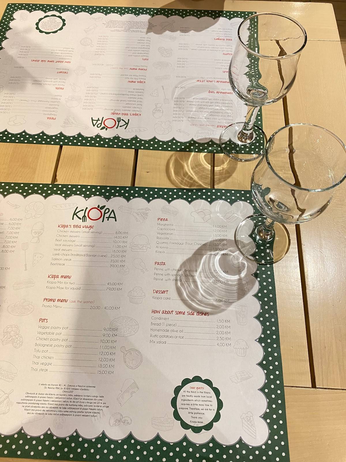 Speisekarte von Klopa restaurant, Sarajevo