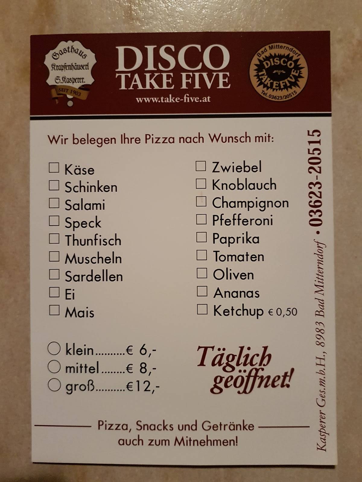 Speisekarte von Pizzeria Take Five, Bad Mitterndorf, Bad Mitterndorf 60