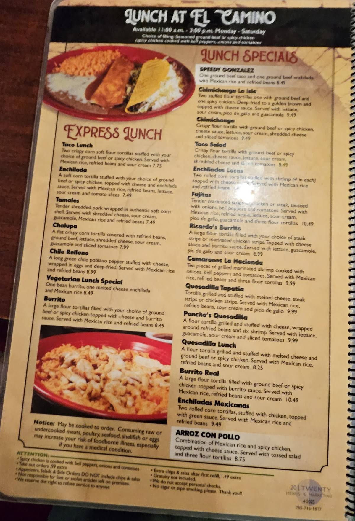 Menu at El Camino Real restaurant, Bluffton, Commerce Dr