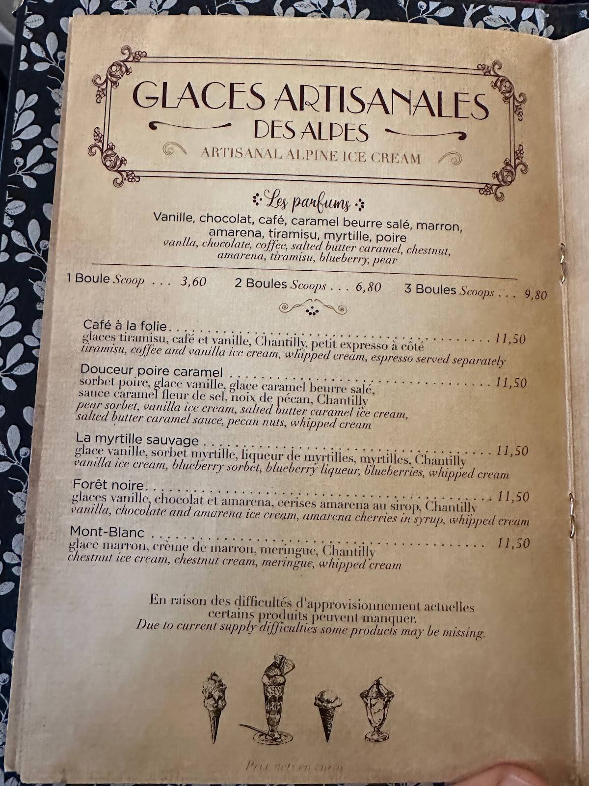 Menu at Josephine Restaurant, Chamonix