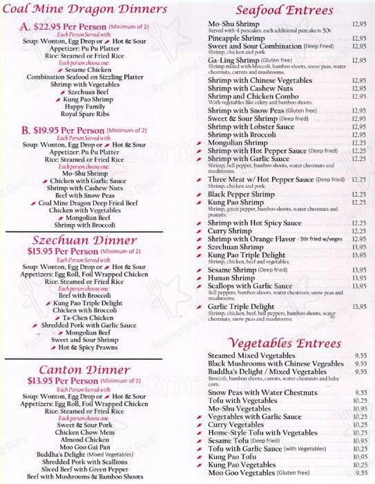 Menu at Coal Mine Dragon restaurant, Evergreen