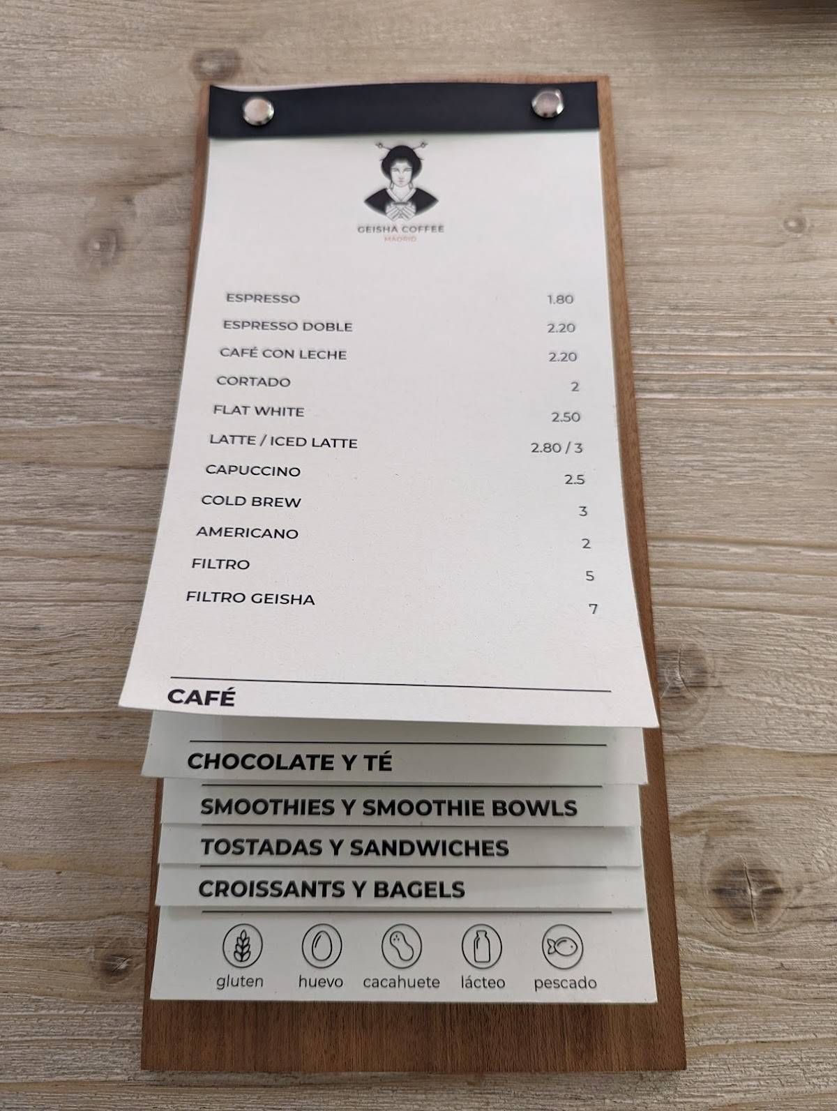 Menu at GEISHA Specialty Coffee restaurant, Madrid