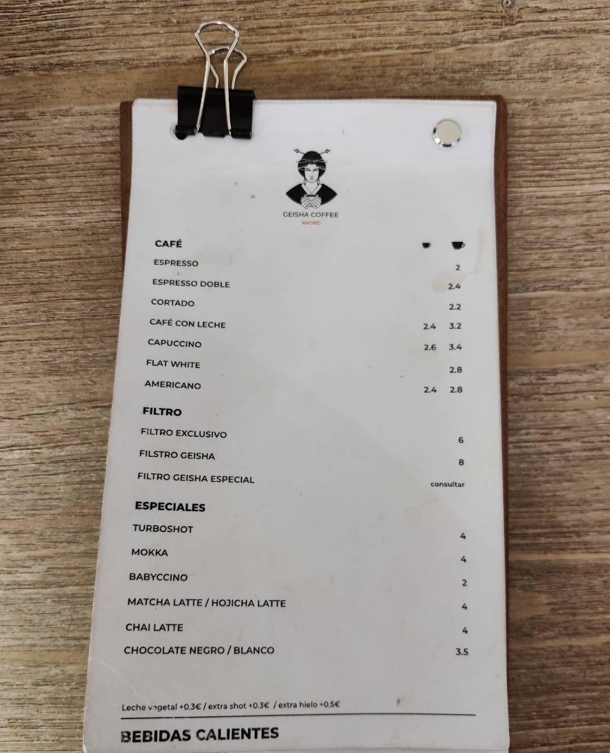 Menu at GEISHA Specialty Coffee restaurant, Madrid