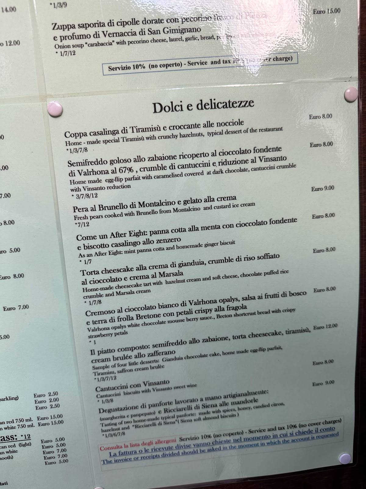 Menu at La Taverna di San Giuseppe restaurant, Siena