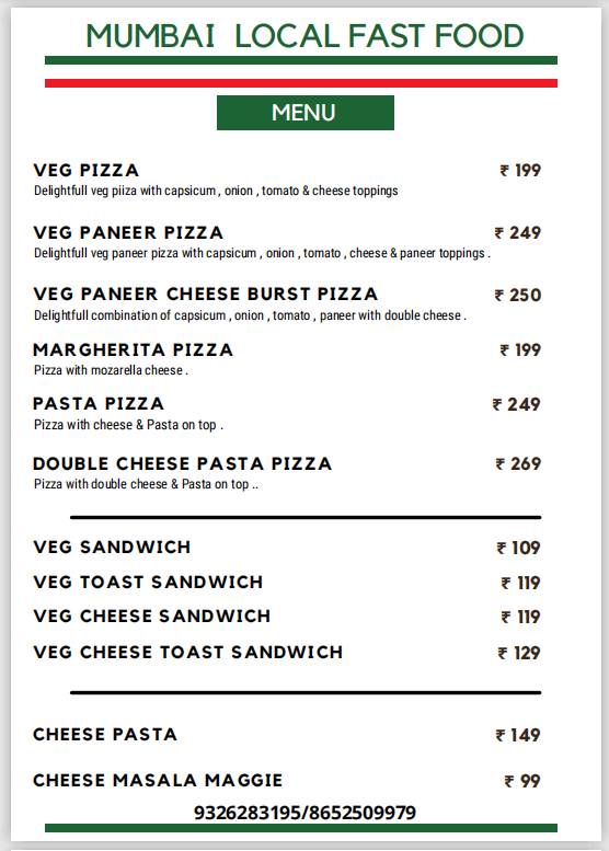 Menu at Mumbai Local Fast Food, Mumbai