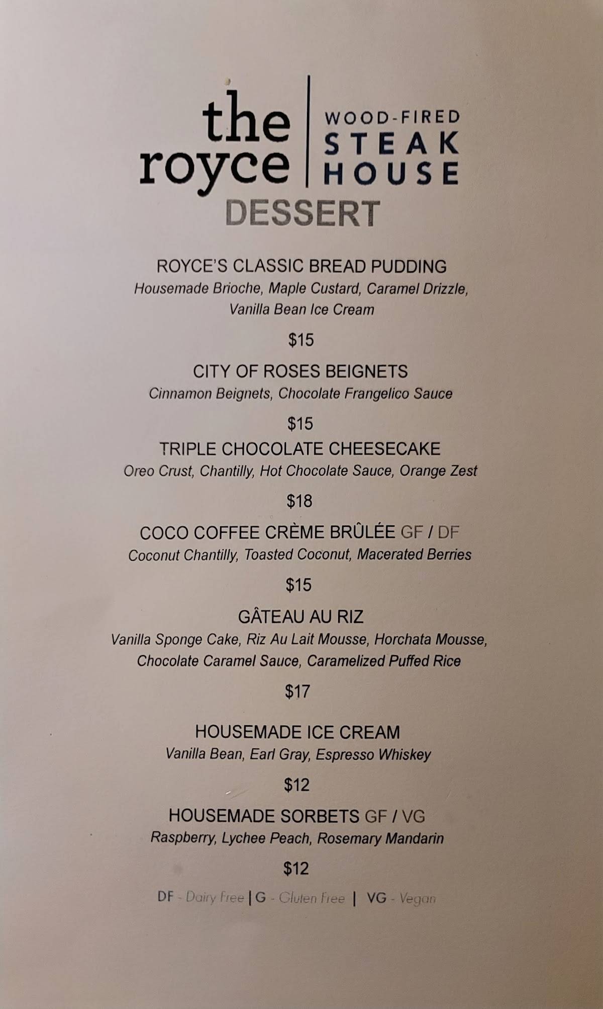 Menu at The Royce Wood Fired Steakhouse, Pasadena