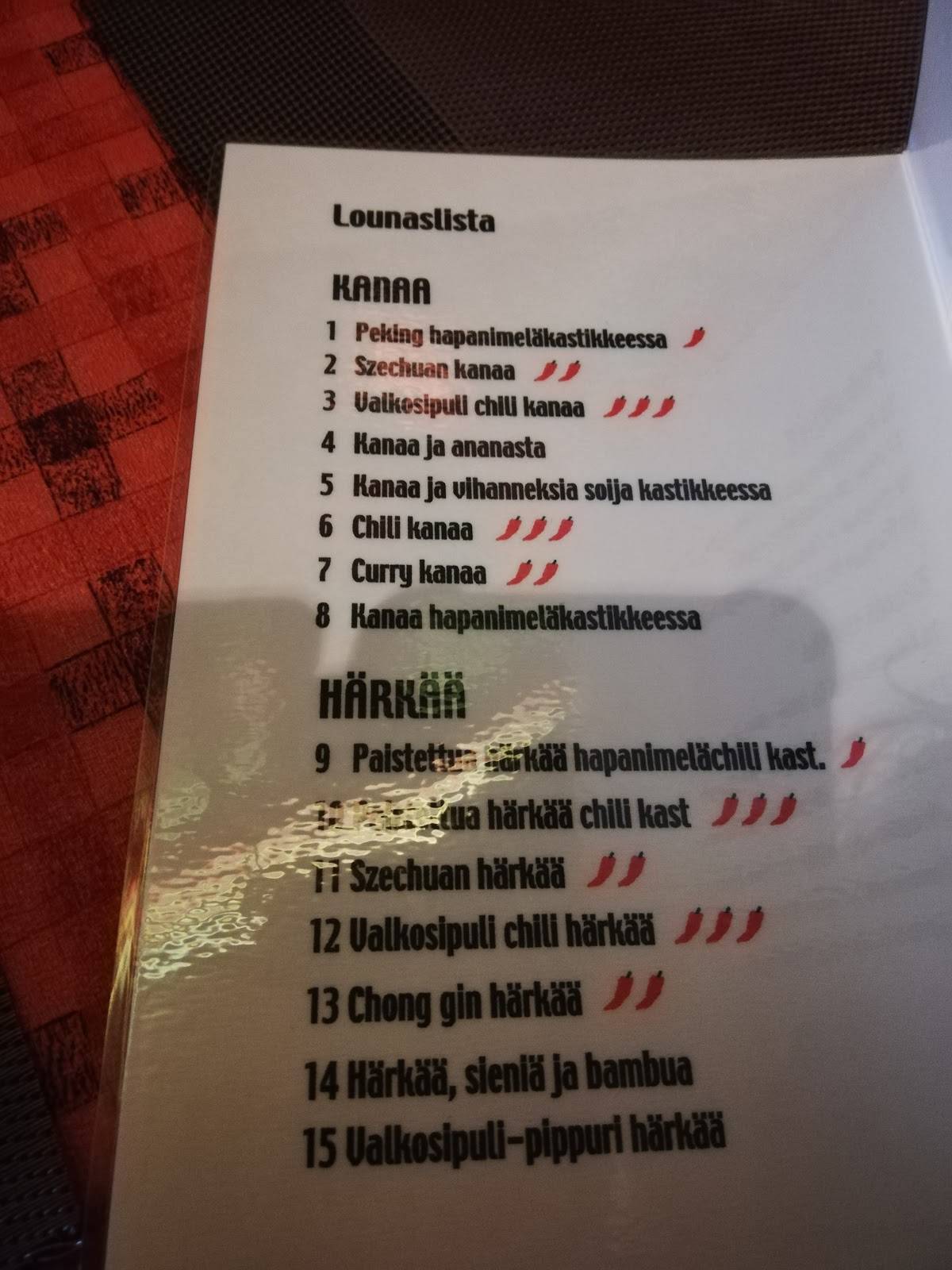 Menu at Beijing Oy restaurant, Oulu